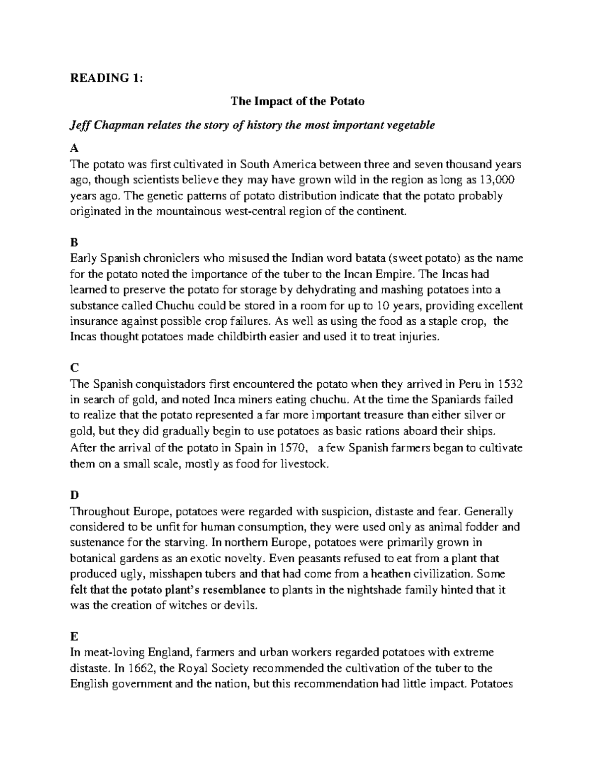 Ielts Reading TEST 07 - 33231 - READING 1: The Impact of the Potato ...