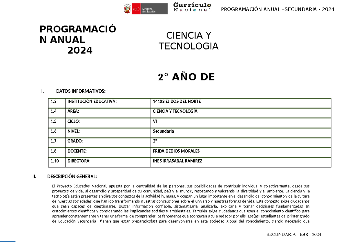Programación Anual 2º CYT- 2024 - PROGRAMACIÓN ANUAL –SECUNDARIA - 2024 PROGRAMACIÓN ANUAL DE ...