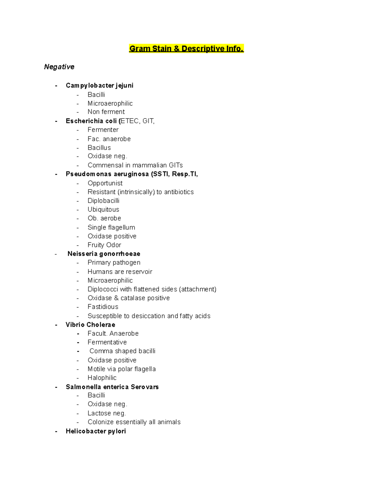 Bacteria Pathology Cheat Sheets - *UDP 6WDLQ 'HVFULSWLYH ,QIR 1HJDWLYH ...