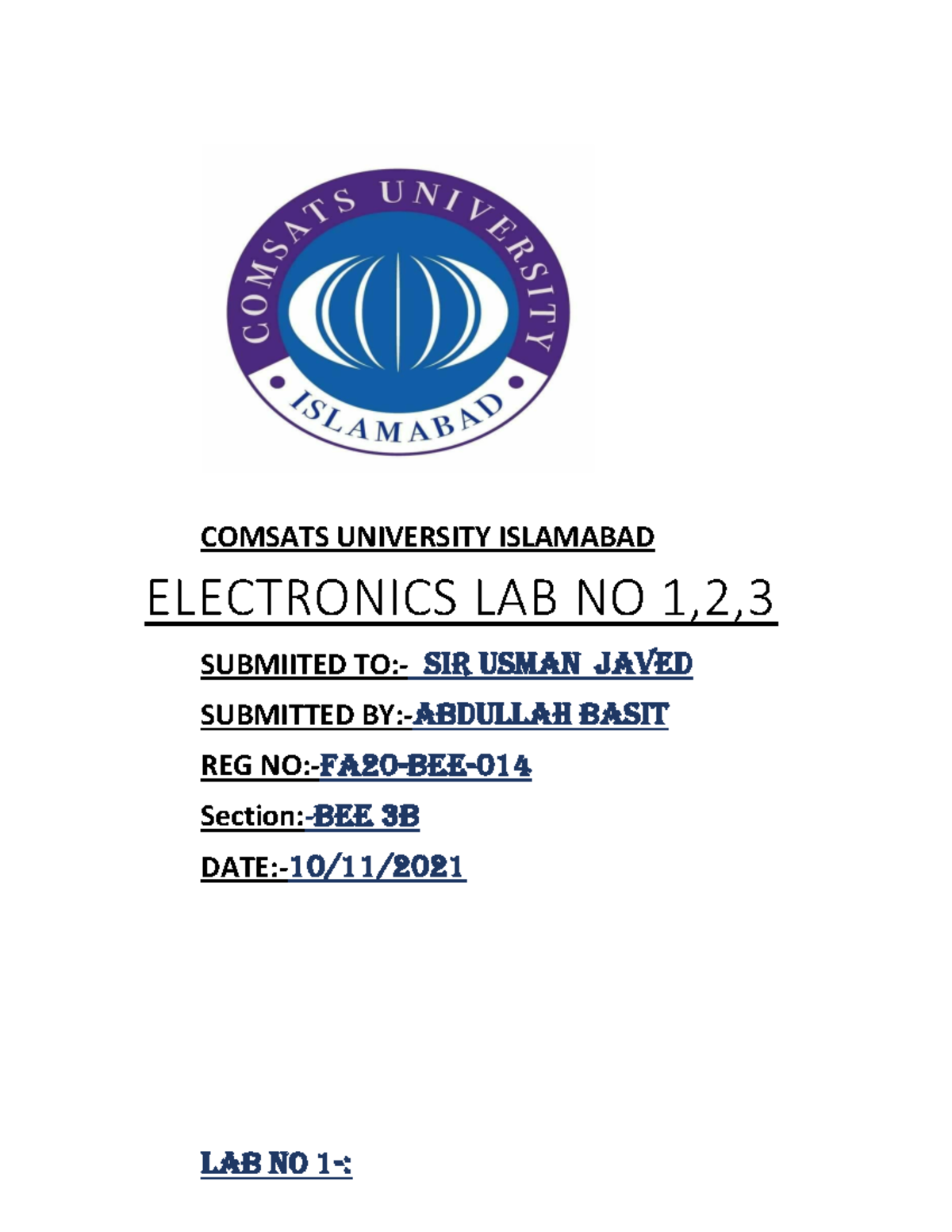 Abdulah Basit 014 . Electronics LAB NO 1,2,3-converted - COMSATS ...