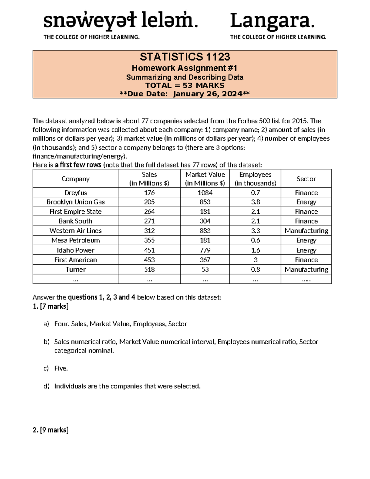 Assignment 1 - chapter1 to 3 - STATISTICS 1123 Homework Assignment Summarizing and Describing ...