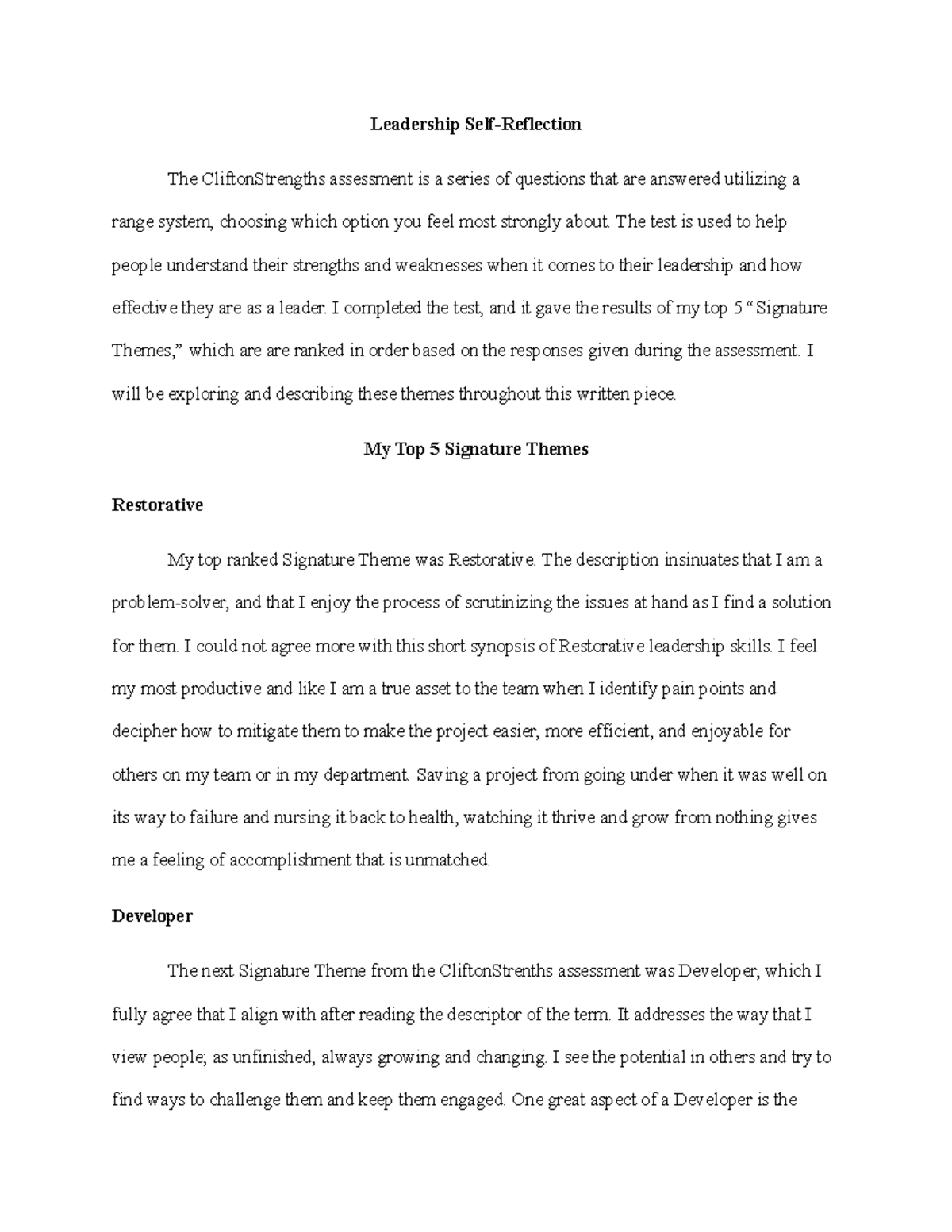 C200 task 1 signature themes - Leadership Self-Reflection The ...