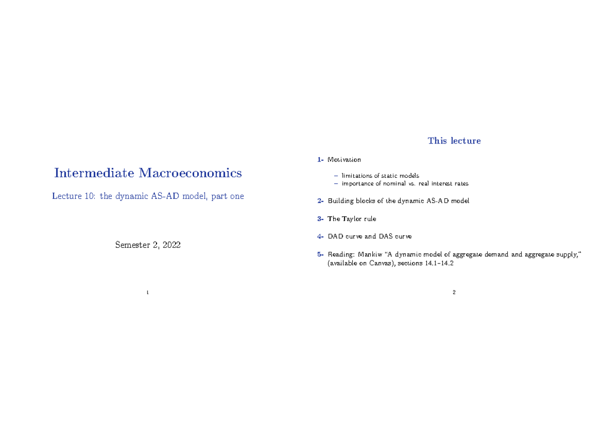 Lecture 10 Intermediate Macroeconomics Lecture 10 The Dynamic As Ad