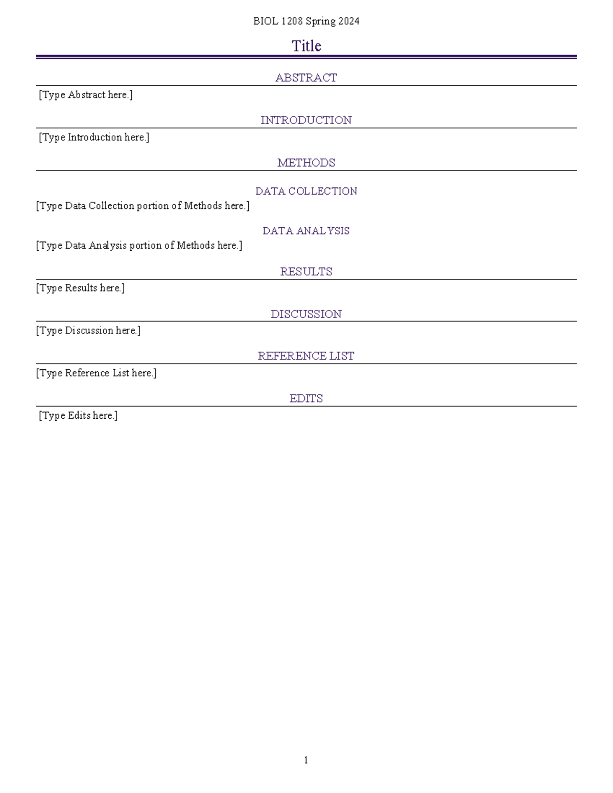 Final Lab Report Template - BIOL 1201 - BIOL 1208 Spring 2024 Title ...