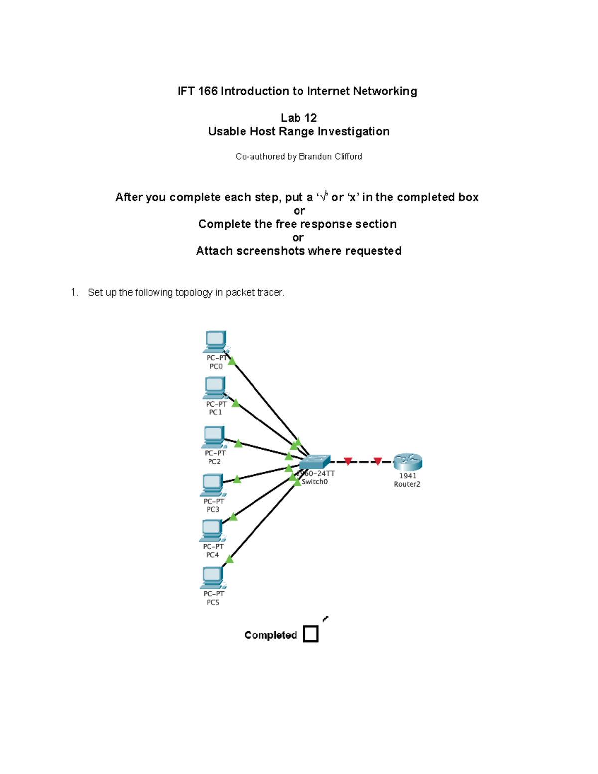 Lab 12 (Usable Host Range) spring 2020 - IFT 166 Introduction to Internet Networking Lab 12 ...