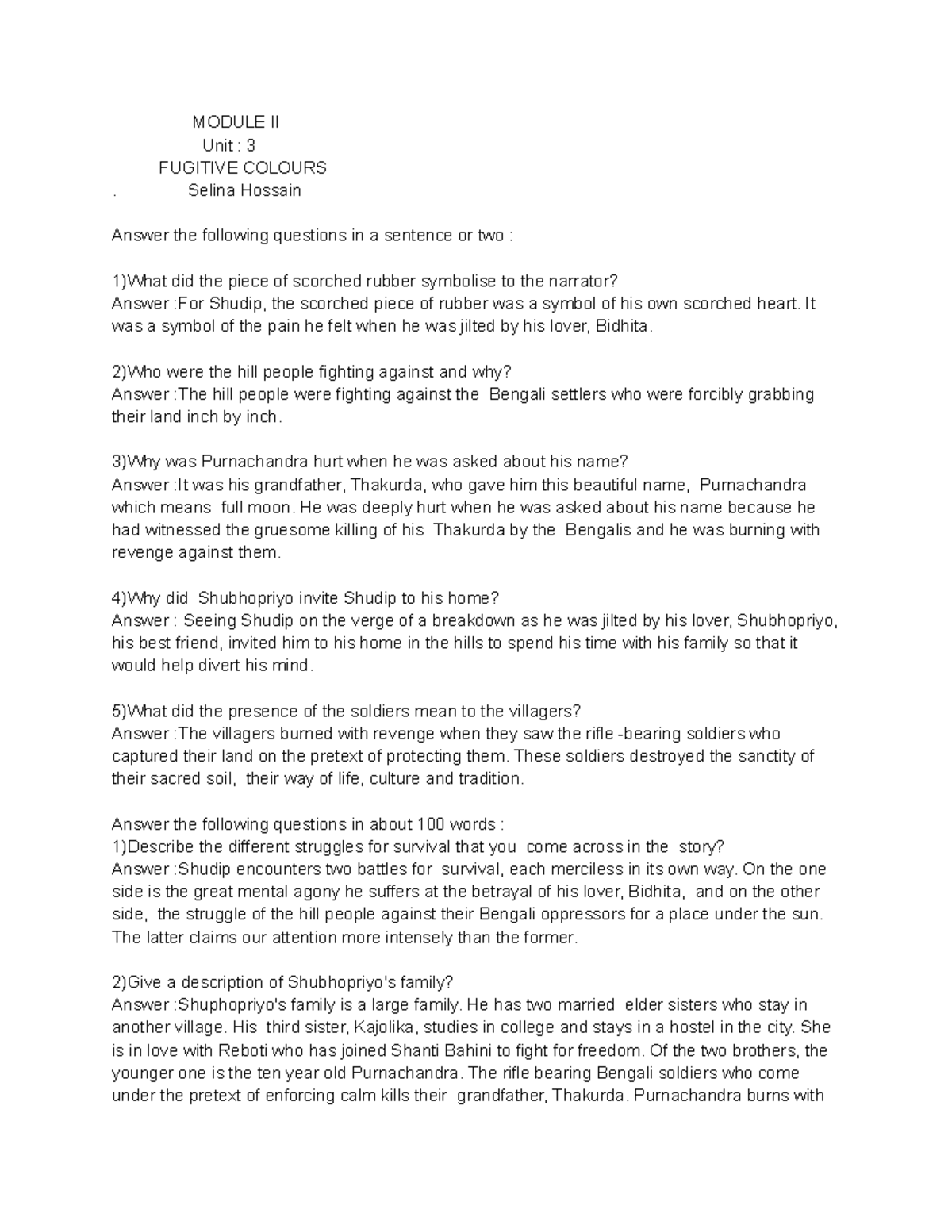 Fugitive Colours - Literature and/as identity - MODULE II Unit : 3 FUGITIVE COLOURS . Selina ...