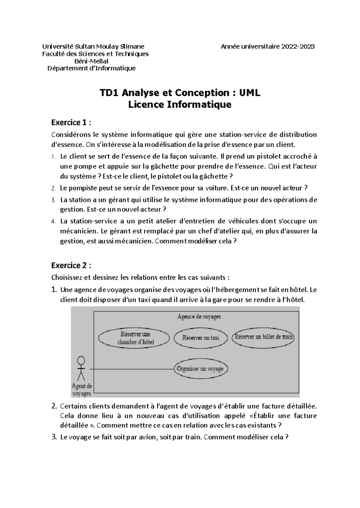 TD1 UML 2023 - TD modélisation UML - Université Sultan Moulay Slimane Année universitaire 20 22 ...