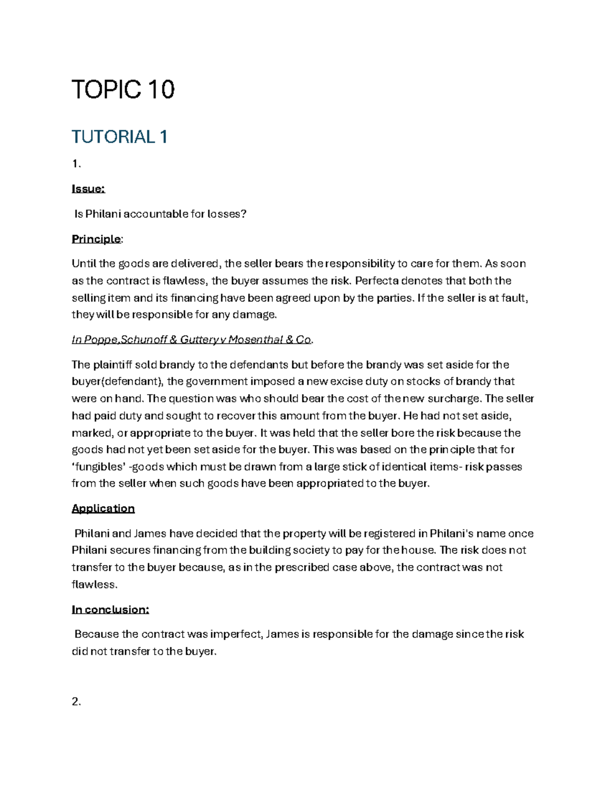 Topic 10 = Tut 1 and - TOPIC 10 TUTORIAL 1 1. Issue: Is Philani accountable for losses ...