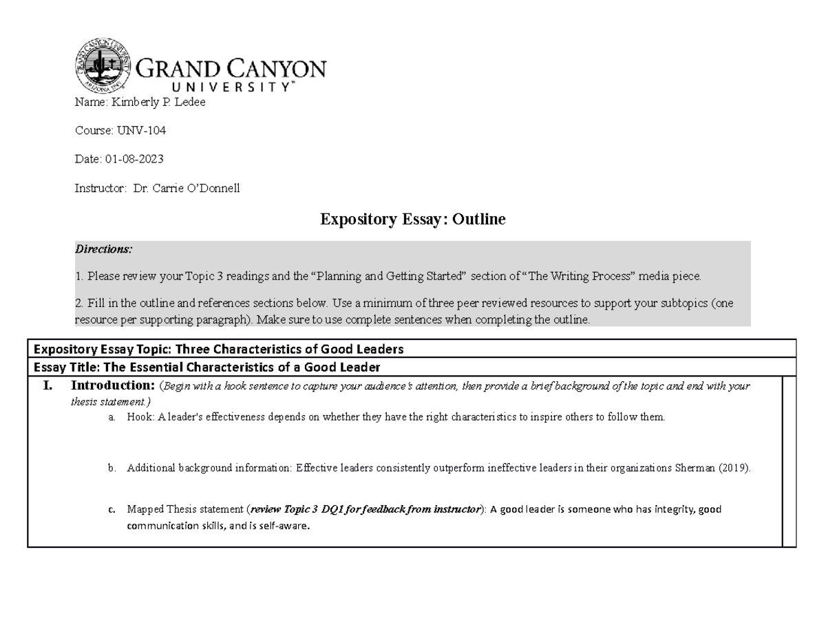 Revised Expository Essay Outline - Name: Kimberly P. Ledee Course: UNV ...