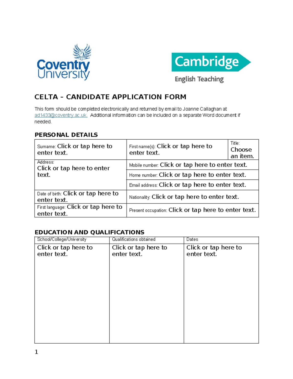 Celta application form and pre interview task electronic 1 - CELTA – CANDIDATE APPLICATION FORM ...
