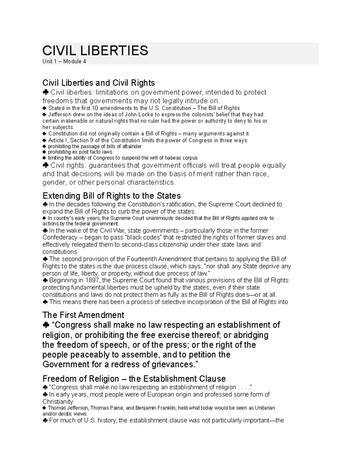 Unit 1 mod 4 pol sci - in depth lecture on civil liberties - CIVIL ...