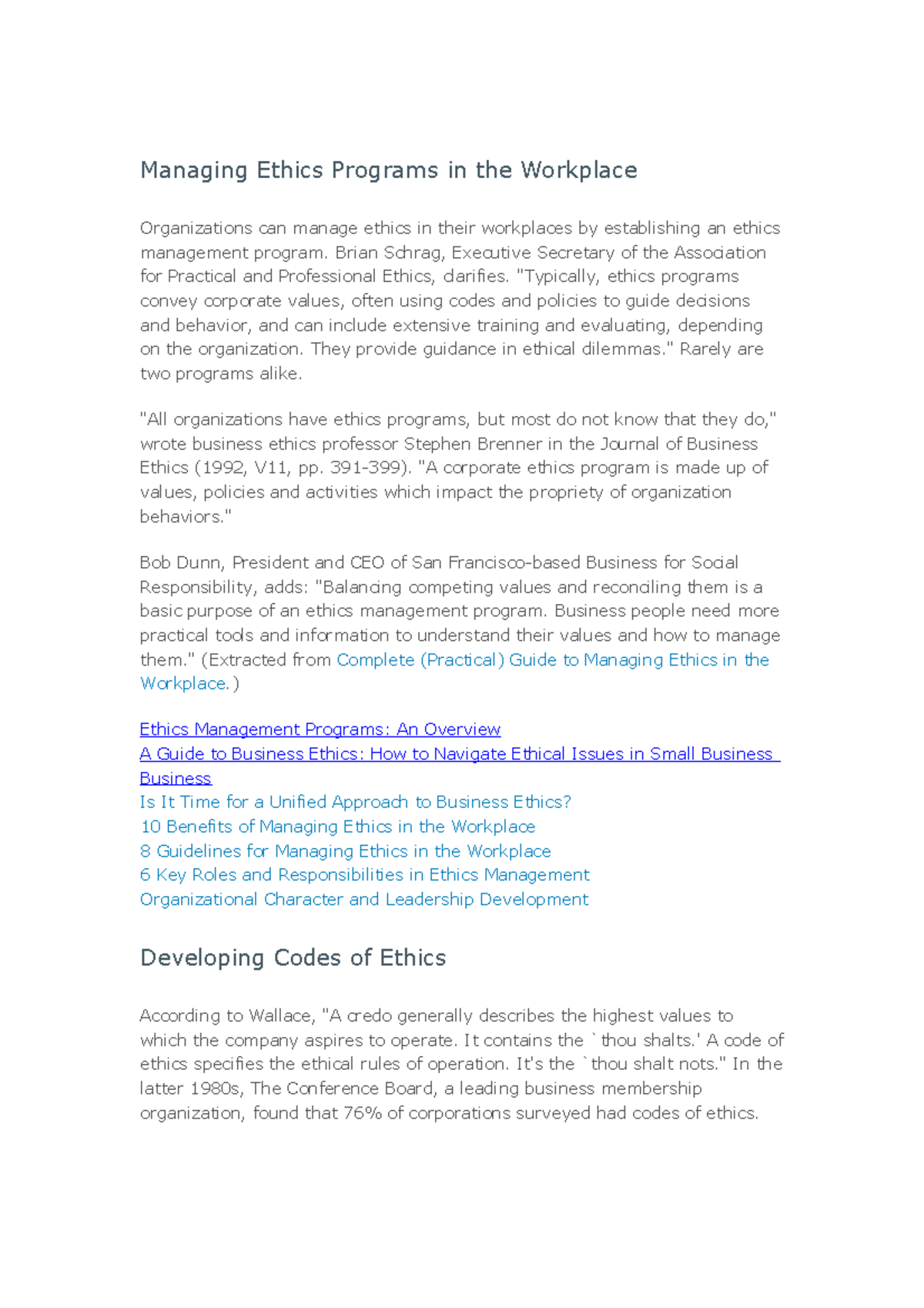 Managing Ethics in the Workplace - Managing Ethics Programs in the ...