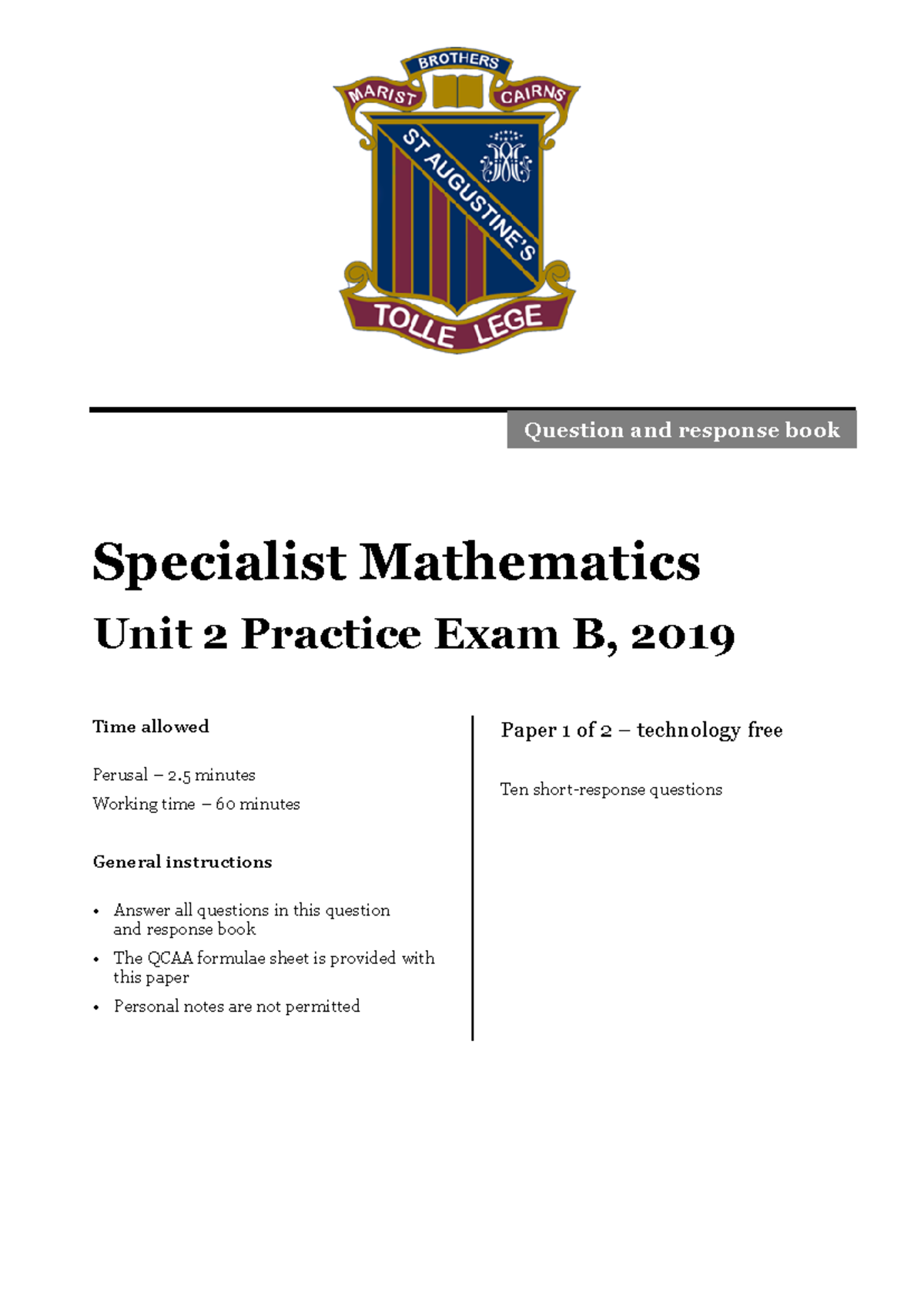 QEP 2019 YR11 SPEC U2B P1 - Specialist Mathematics Unit 2 Practice Exam ...