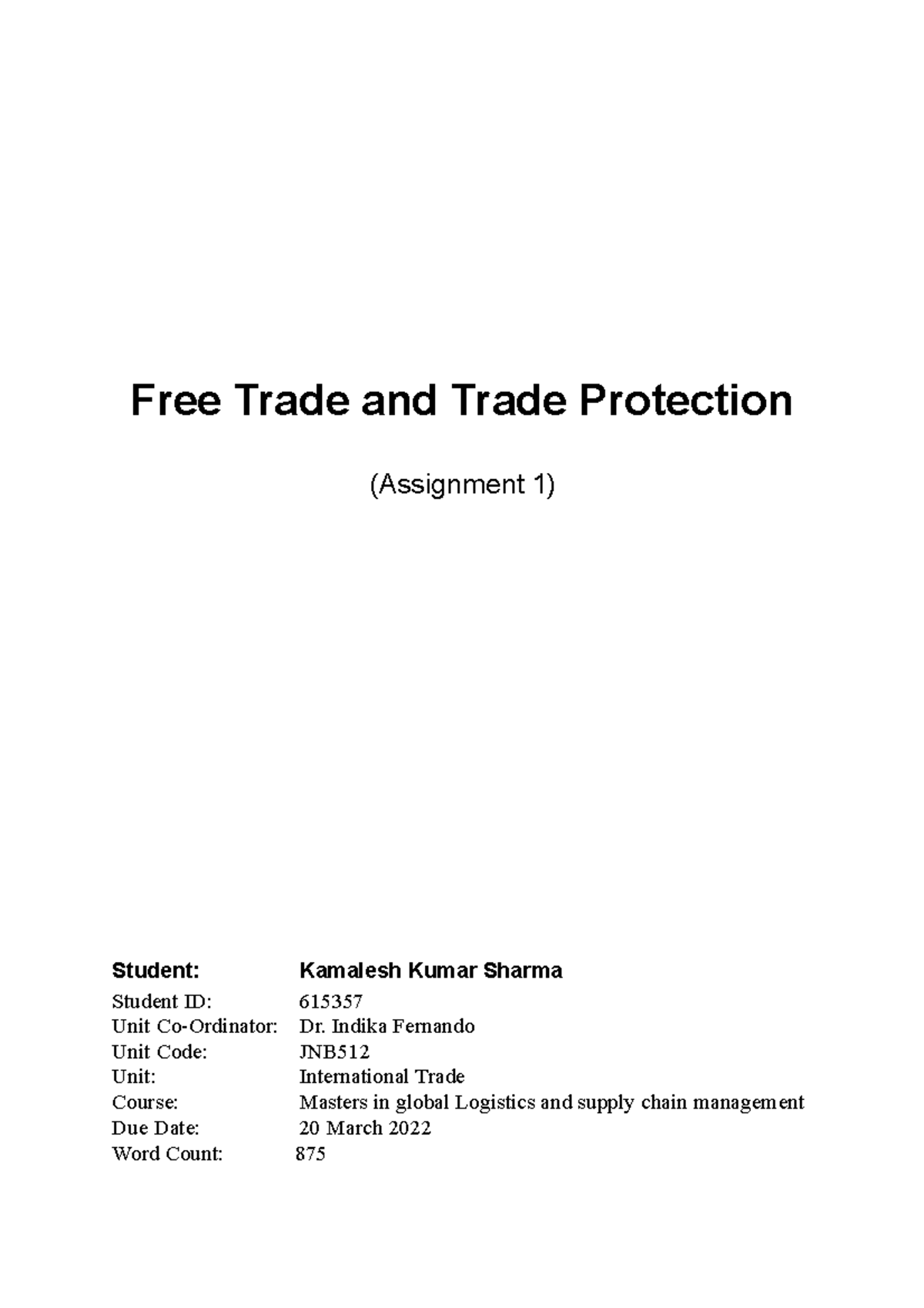 Assisgnment-I - ndht - Free Trade and Trade Protection (Assignment 1 ...