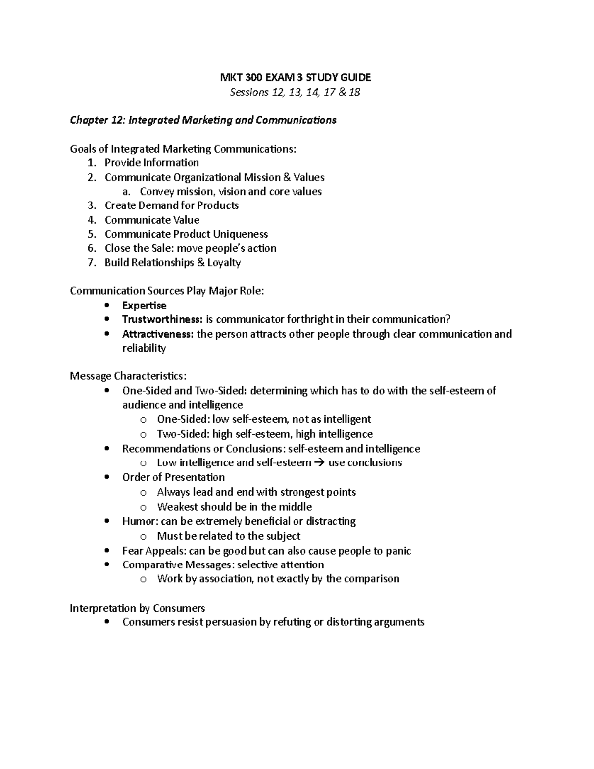 MKT 300 EXAM 3 Study Guide - MKT 300 EXAM 3 STUDY GUIDE Sessions 12, 13 ...