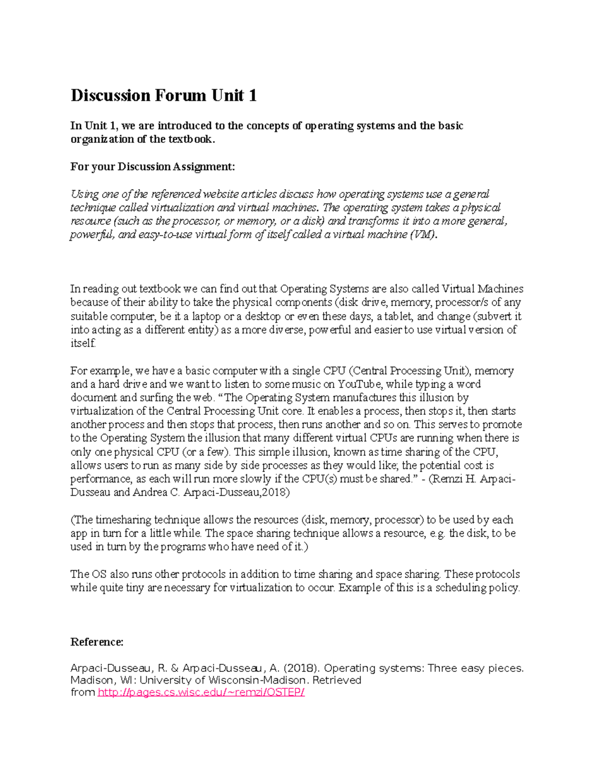 Discussion Forum Unit 1 - Intro to Operating Systems - Discussion Forum ...