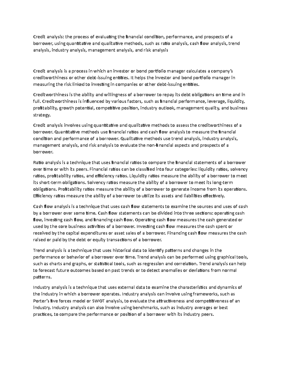 Credit analysis - notes - Credit analysis: the process of evaluating ...