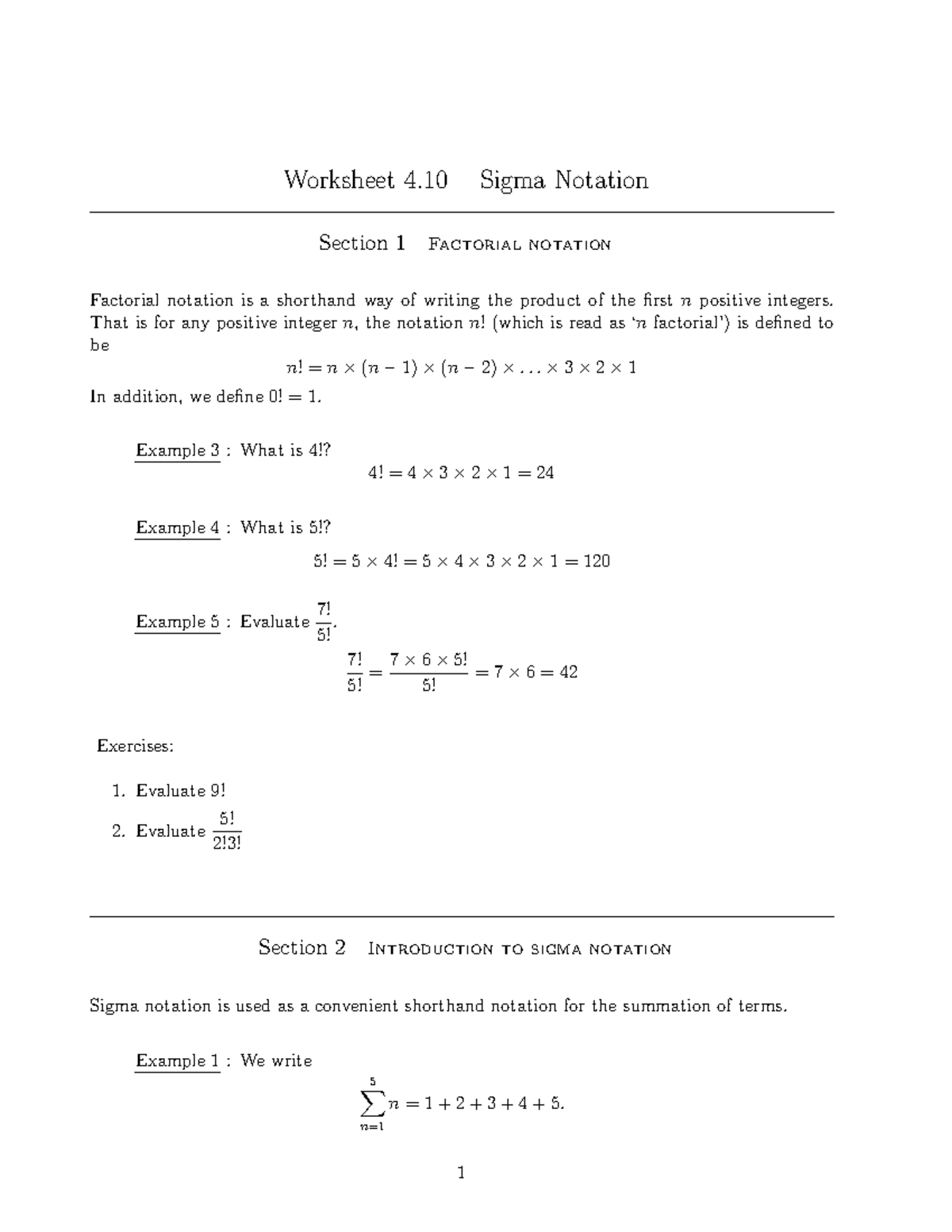 Sigma Notation Worksheet - Worksheet 4 Sigma Notation Section 1 ...