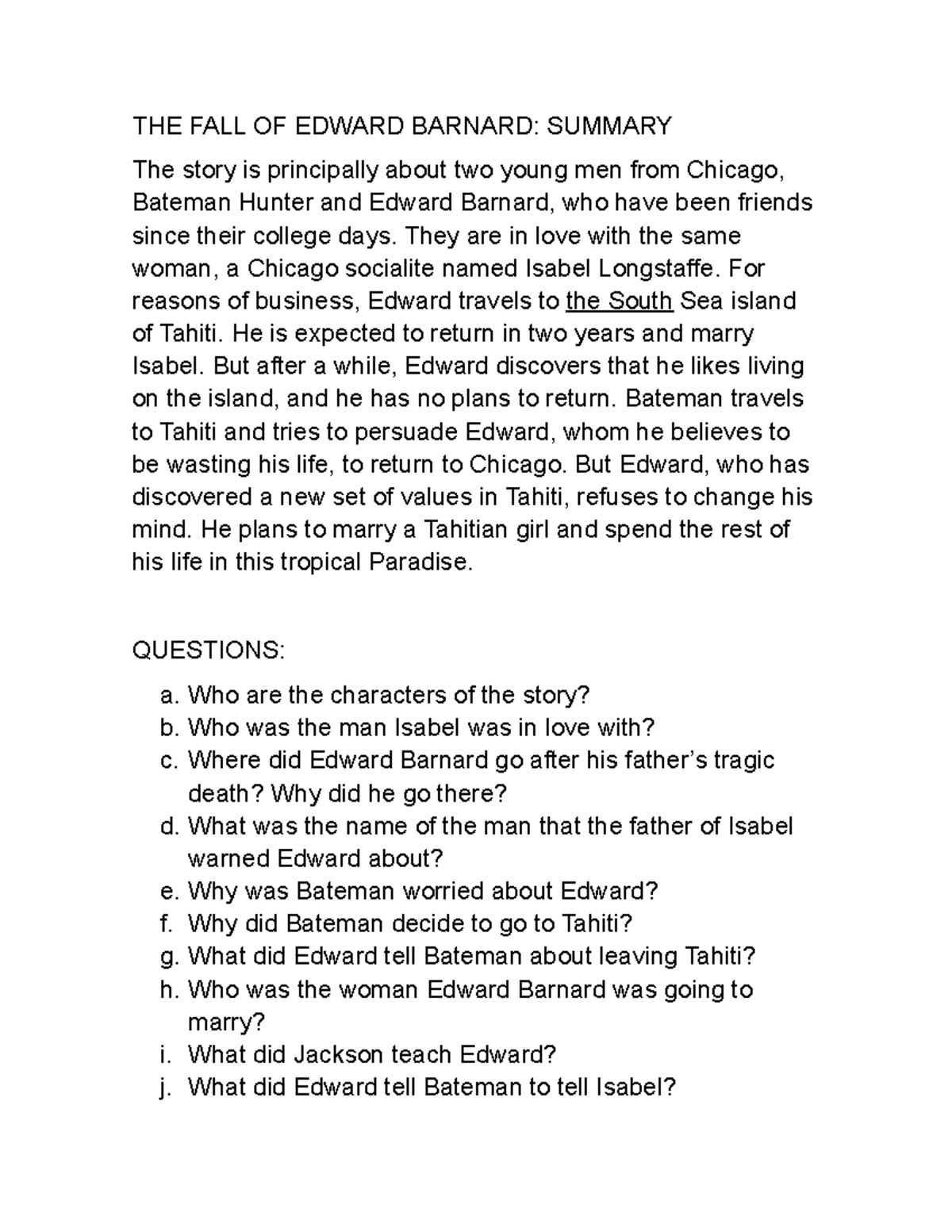 2ND EXAM E3 Stories AND Questions - THE FALL OF EDWARD BARNARD: SUMMARY ...
