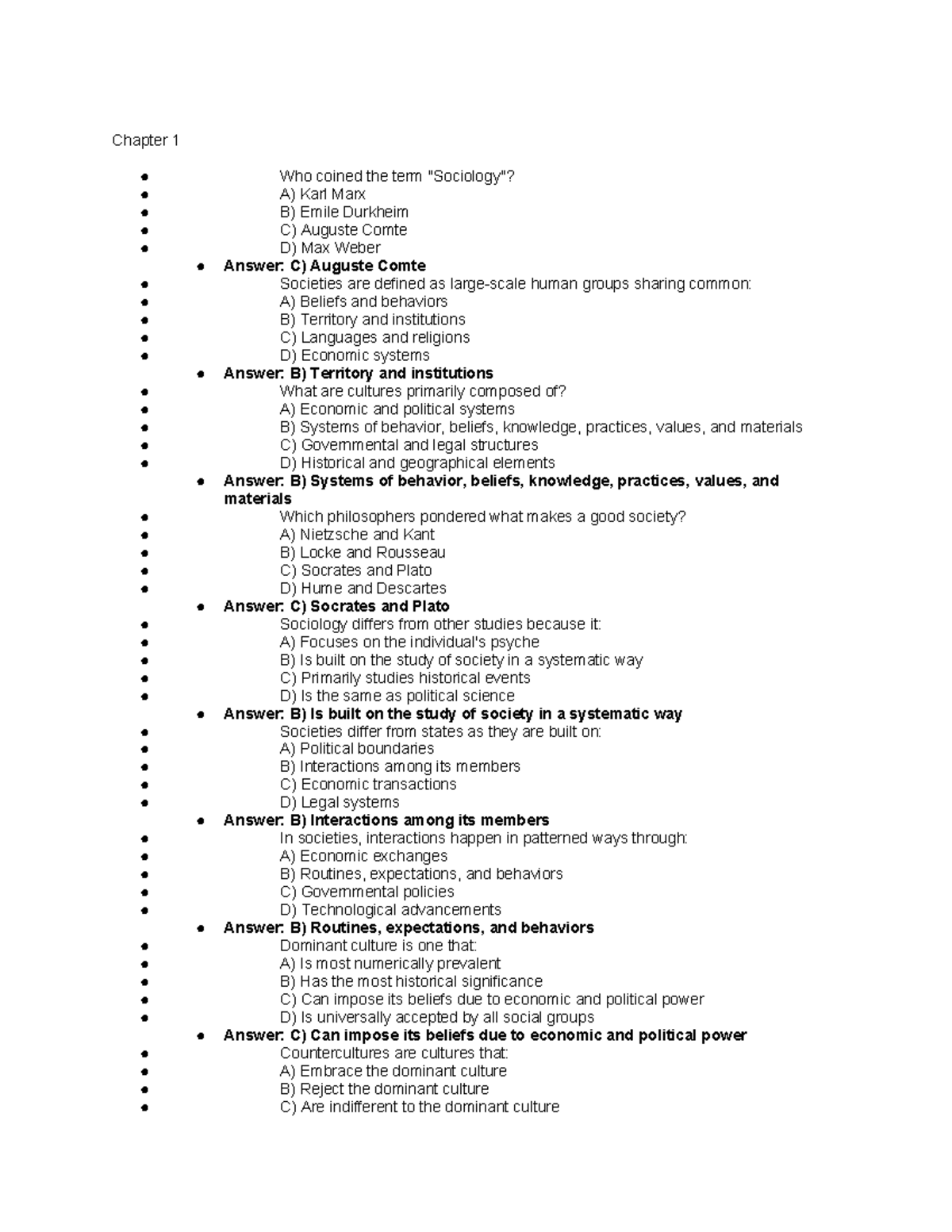 Sociology week 1 and 2 multiple choice questions - Chapter 1 Who coined ...