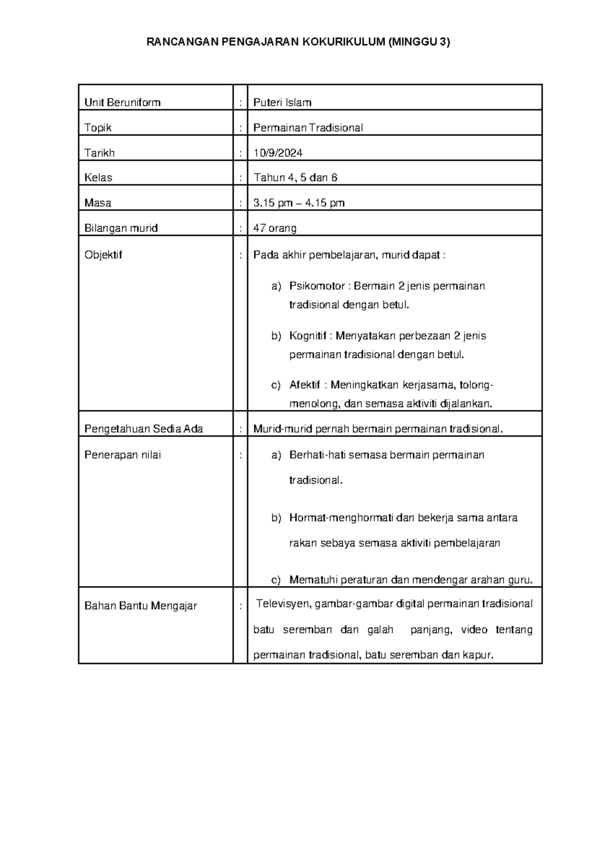 RPH KOKU 10.9 Hamizah - RPH PPIM - Unit Beruniform : Puteri Islam Topik : Permainan Tradisional ...