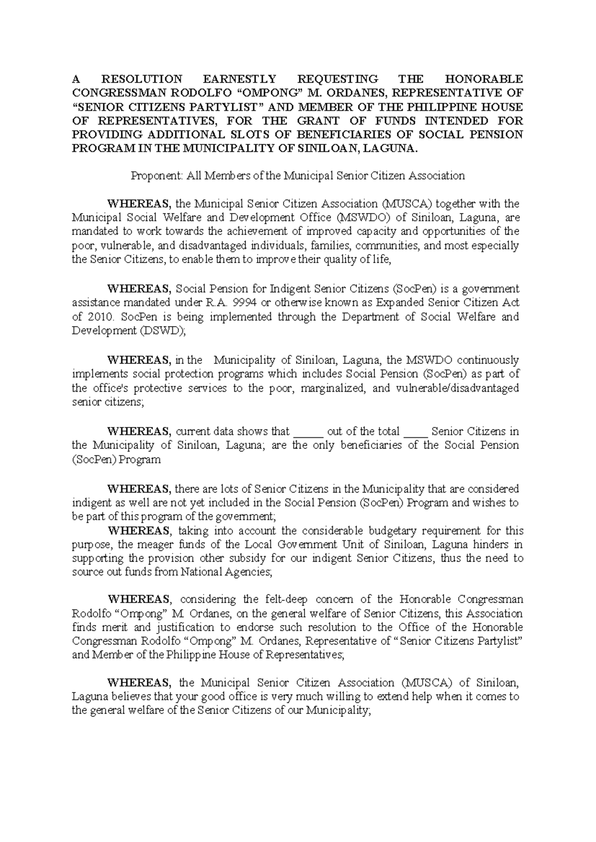 RESO NG Musca Kahilingan Senior Citizen Social Pension - A RESOLUTION ...
