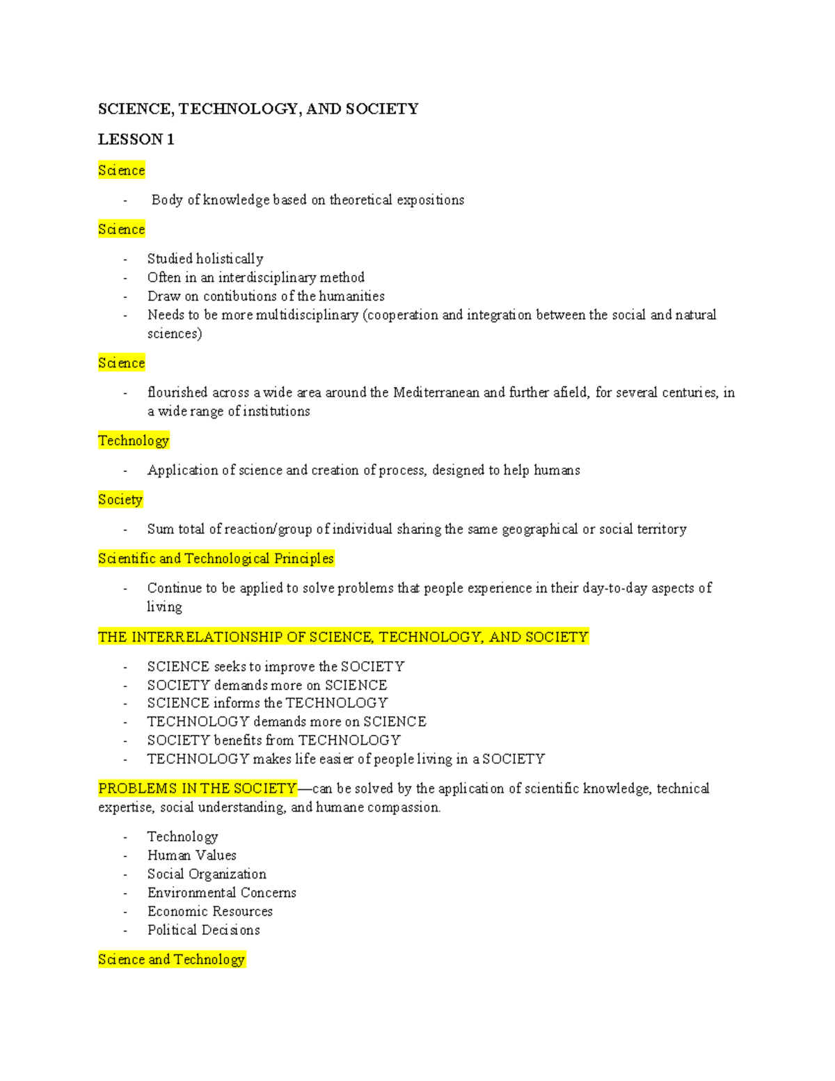 STS- Reviewer - SCIENCE, TECHNOLOGY, AND SOCIETY LESSON 1 Science ...