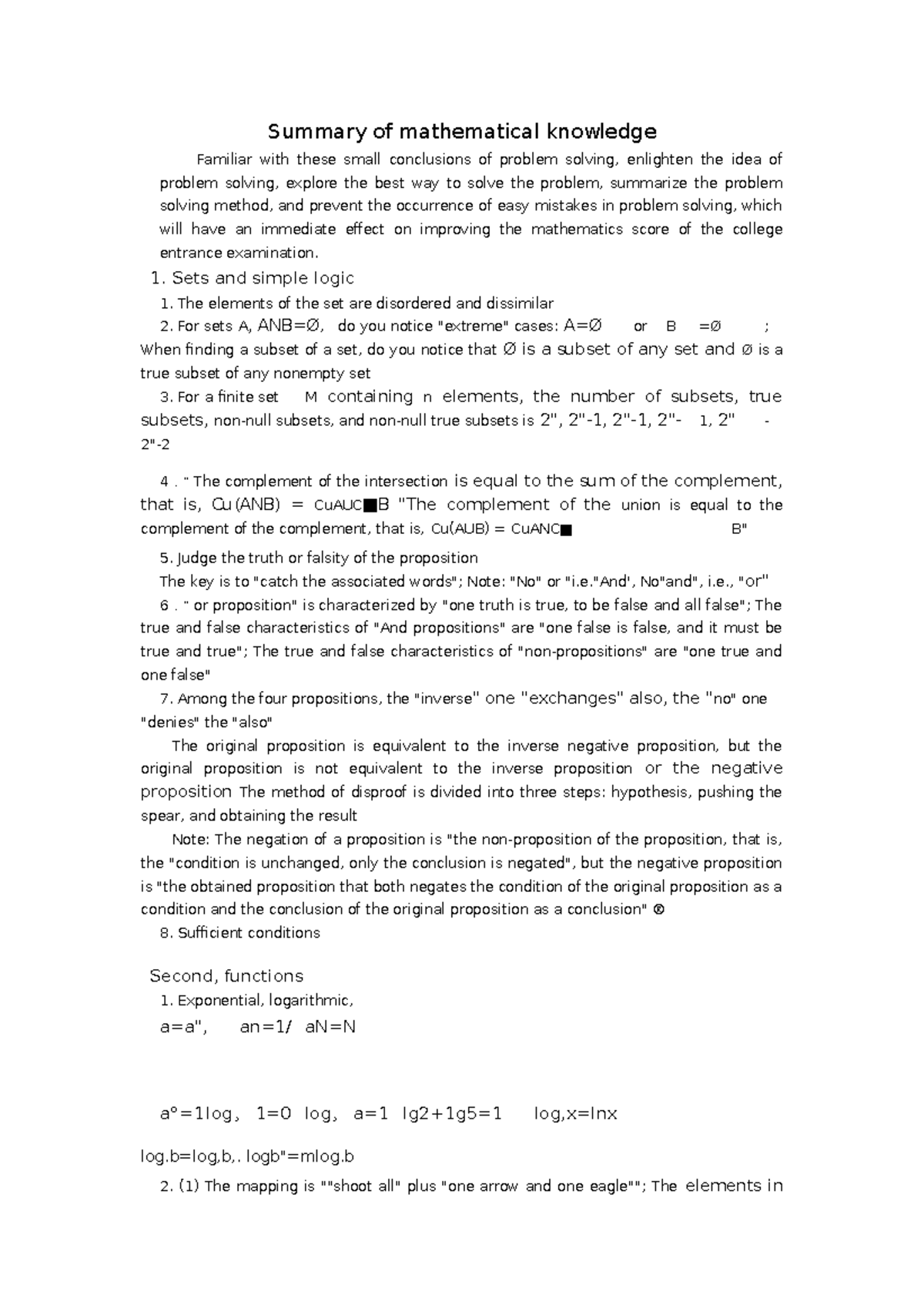 Summary of mathematical knowledge - Summary of mathematical knowledge ...