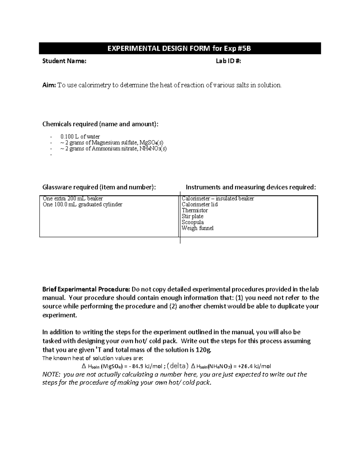 EXP5 - procedure - EXPERIMENTAL DESIGN FORM for Exp #5B Student Name ...
