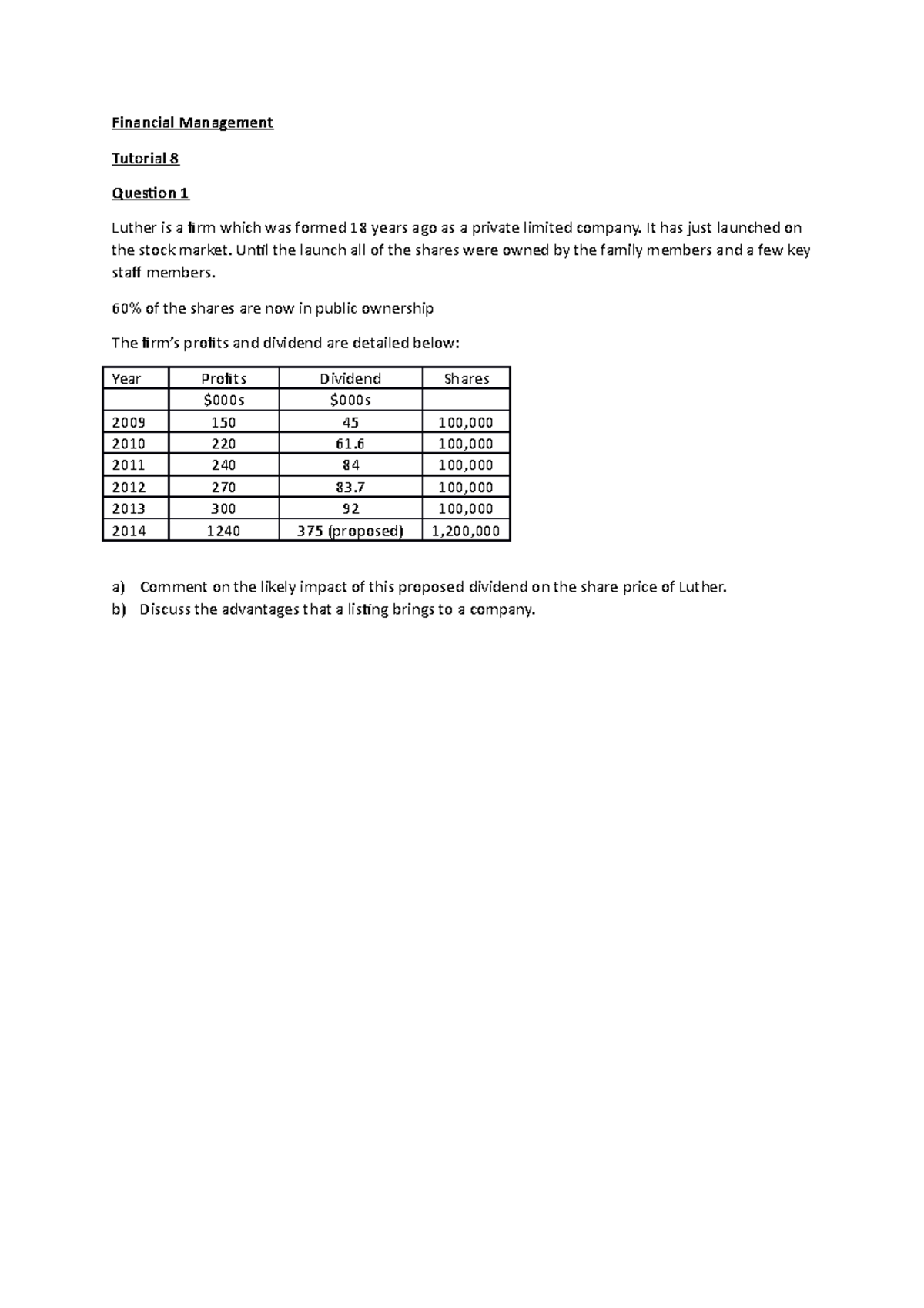 Tutorial 8 - Financial Management Tutorial 8 Question 1 Luther is a ...