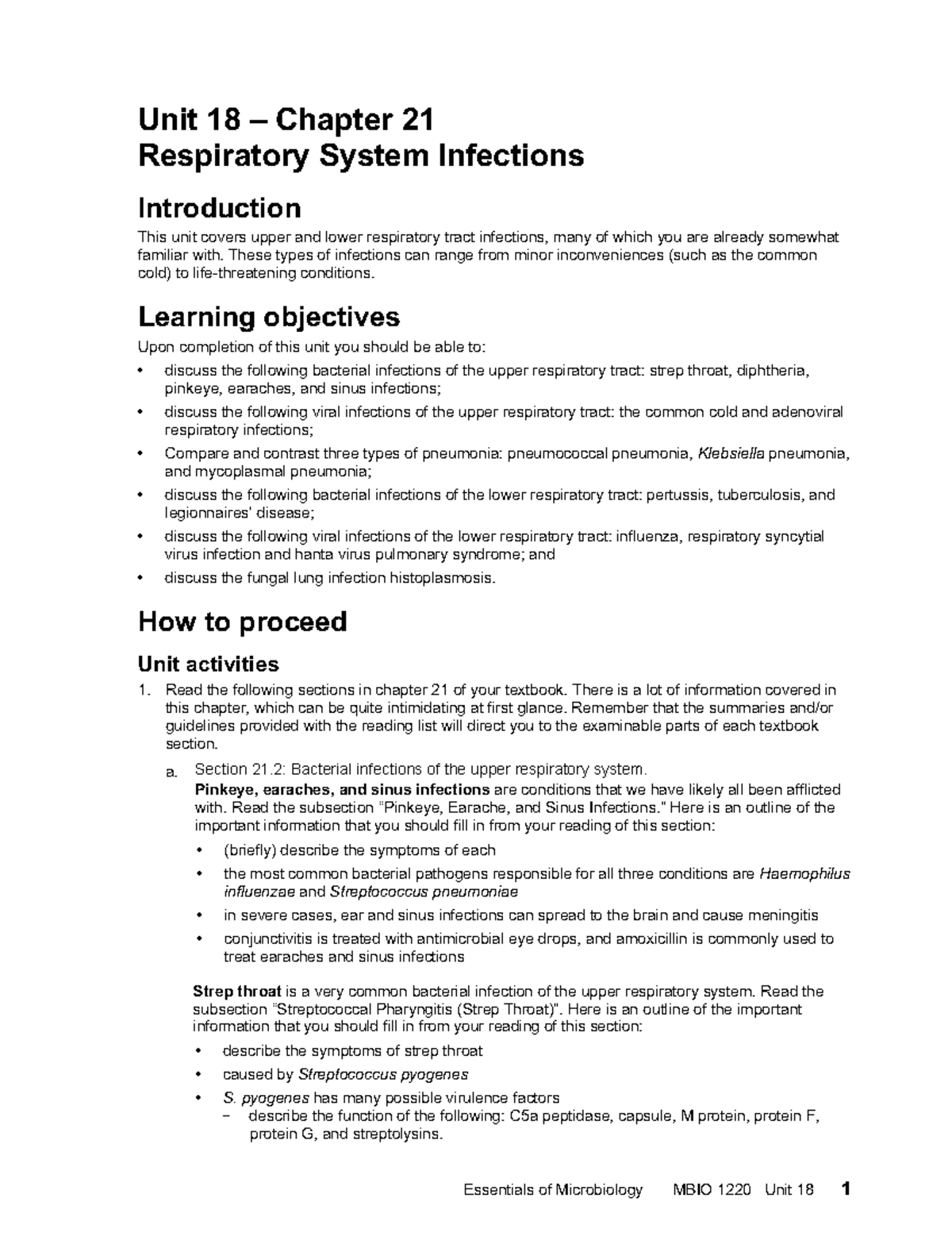 Unit18 9th ed - Essentials of Microbiology MBIO 1220 Unit 18 1 Unit 18 – Chapter 21 Respiratory ...