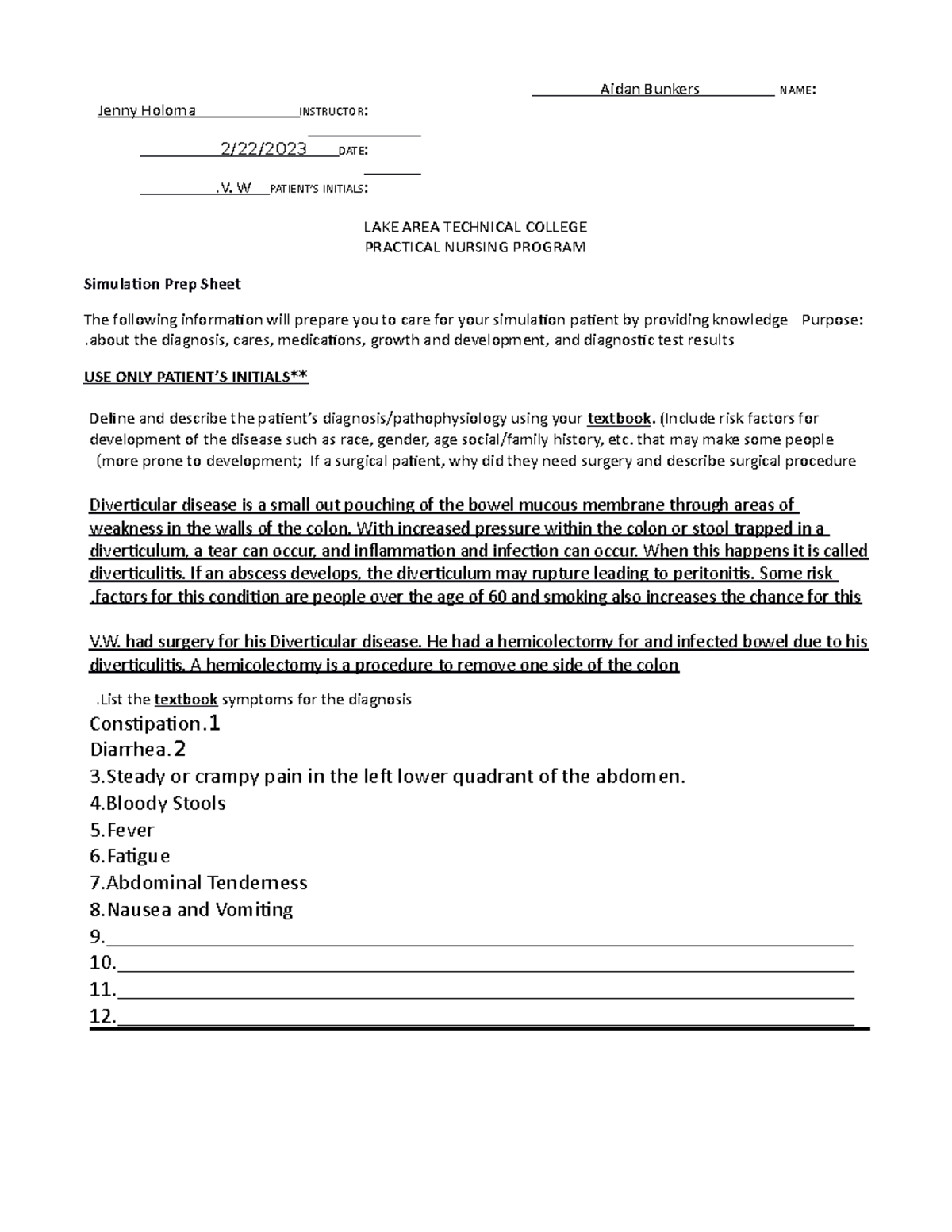 Simulation Prep Vernon Watkins - Aidan Bunkers NAME: Jenny Holoma ...