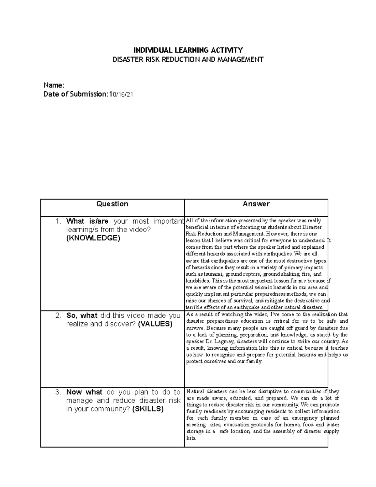 NSTP- Disaster RISK Activity - INDIVIDUAL LEARNING ACTIVITY DISASTER ...