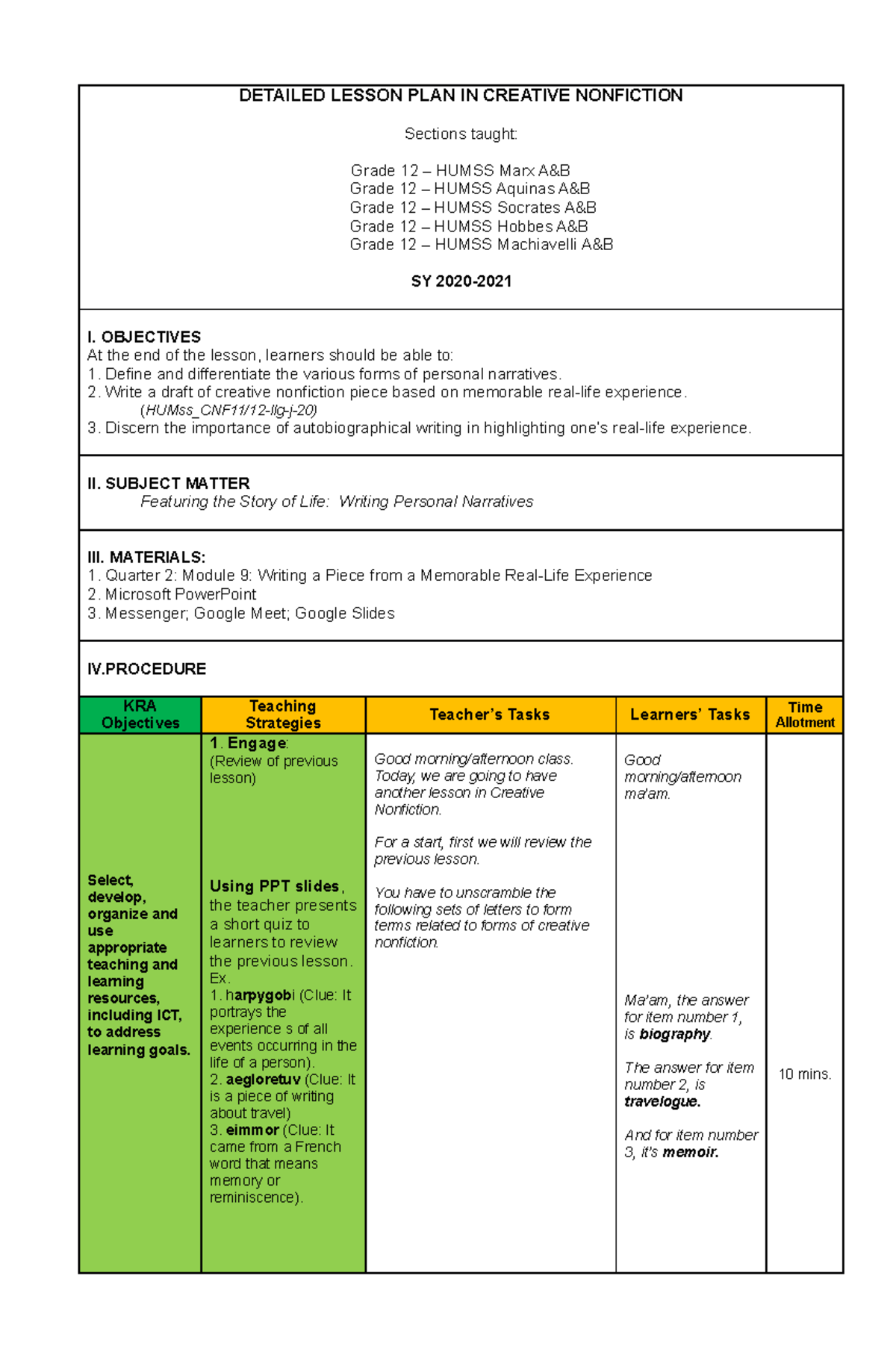 Detailed lesson plan in cnf - DETAILED LESSON PLAN IN CREATIVE ...