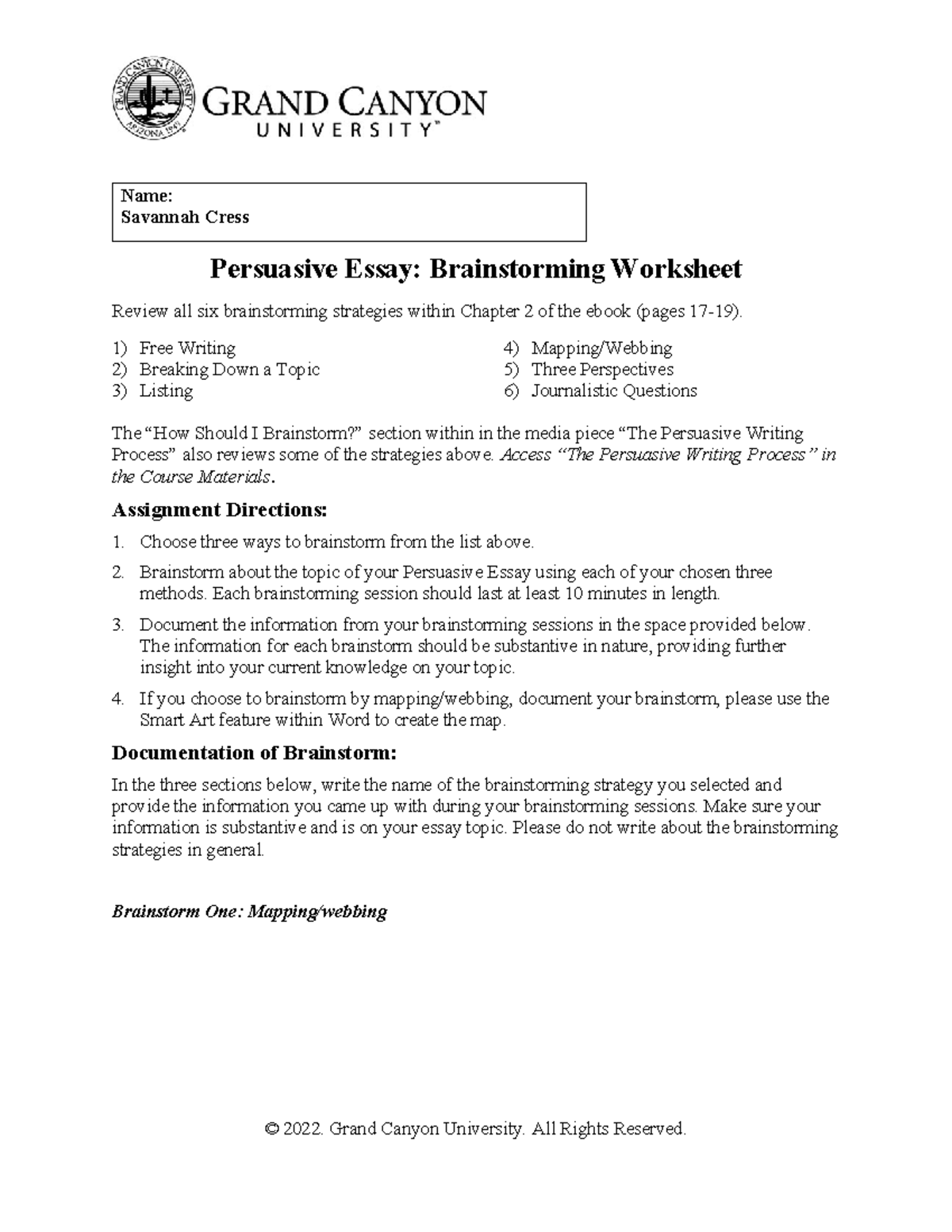 Brainstorming workesheet phi-105 - Name: Savannah Cress Persuasive ...