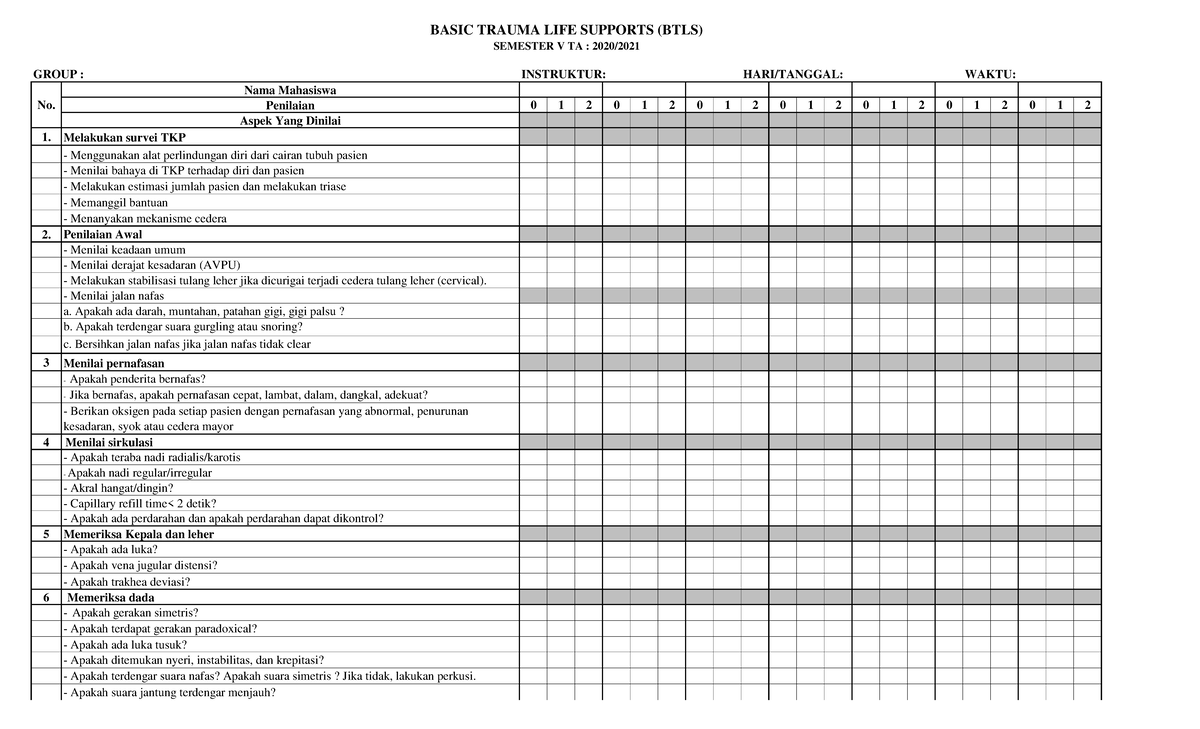 Checklist BTLS - Prosedur praktikum mengatasi Trauma dengan Basic ...