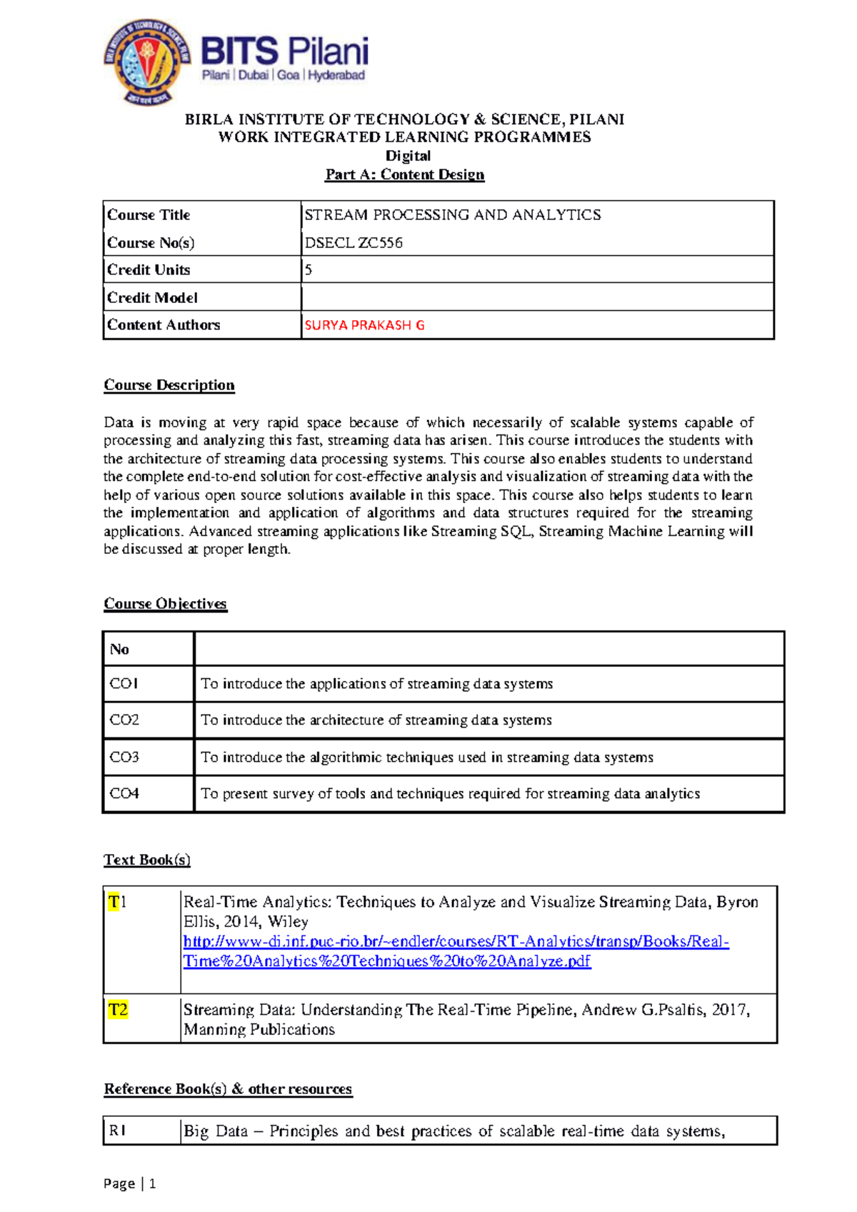 Stream Processing And Analytics Handout - BIRLA INSTITUTE OF TECHNOLOGY & SCIENCE, PILANI WORK ...
