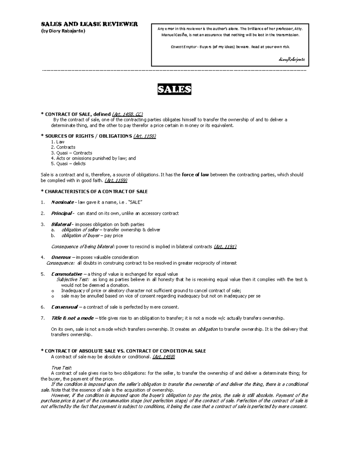 Sales and Lease Reviewer - (by Diory Rabajante) - Any error in this ...