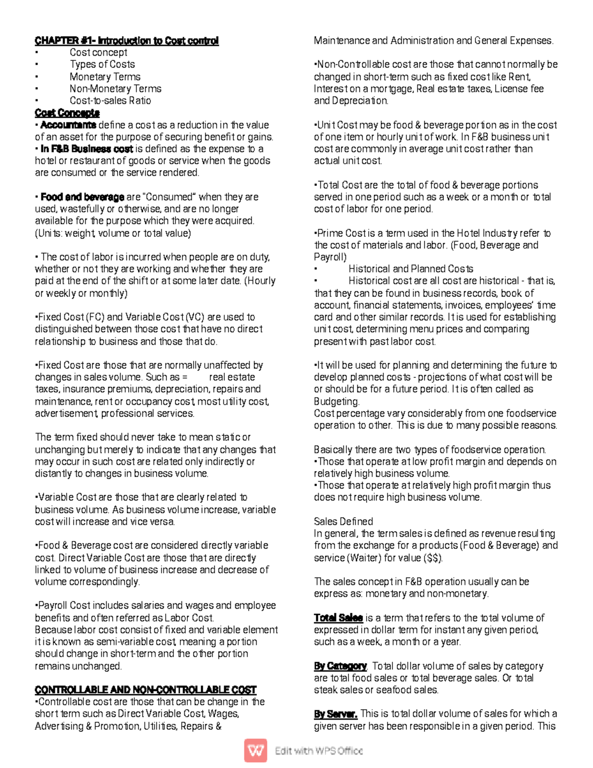 COST Control Chapter 1 AND 2 - CHAPTER #1- Introduction to Cost control ...