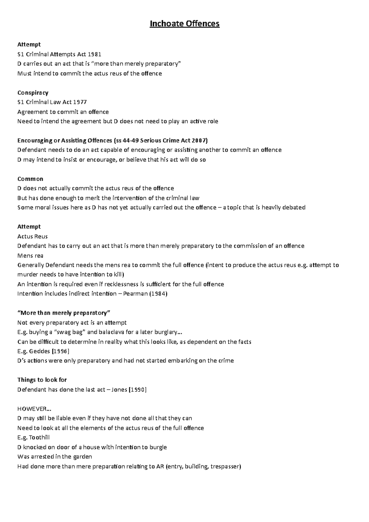 Criminal - Week 4 - Lecture 4 - inchoate Offences - Inchoate Offences ...