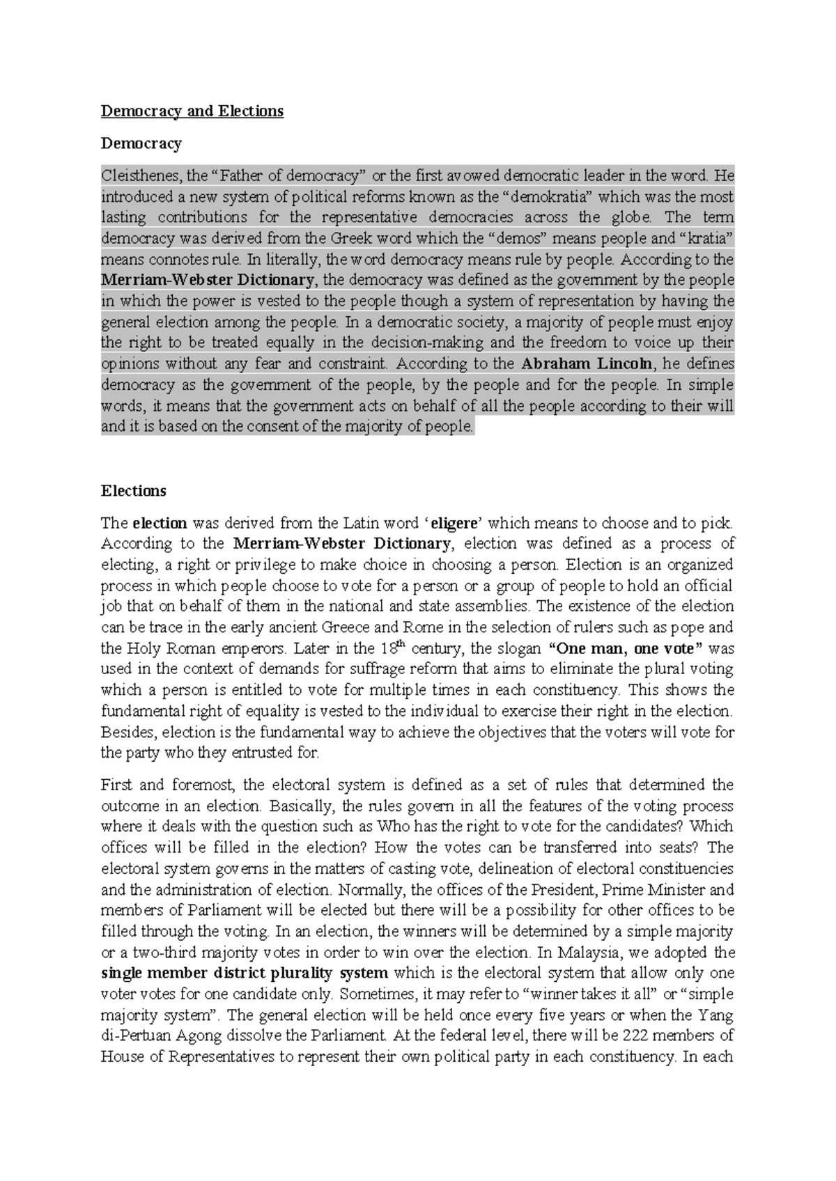 Election - Summary Introduction to Politics & Governance - Democracy ...