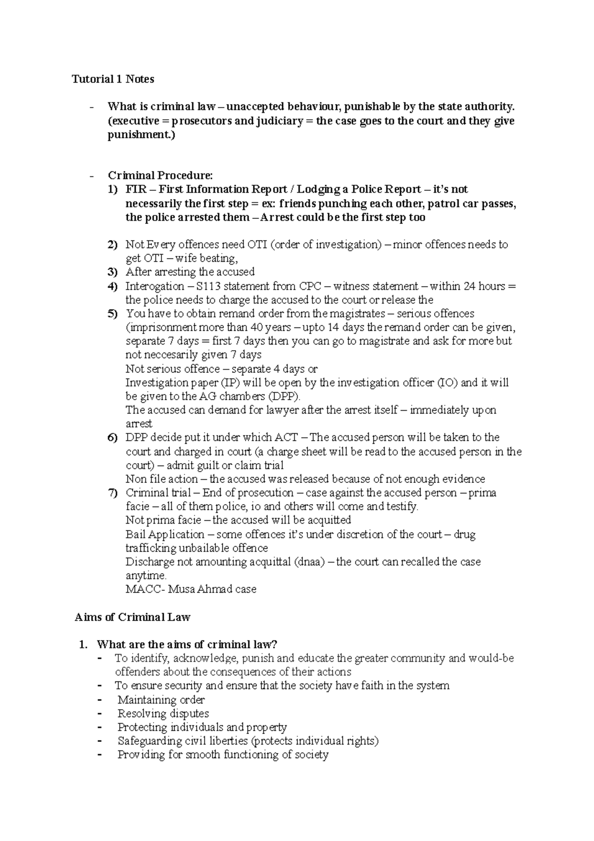 Criminal Law Tuto Week 1 & 2 - Tutorial 1 Notes - What is criminal law ...