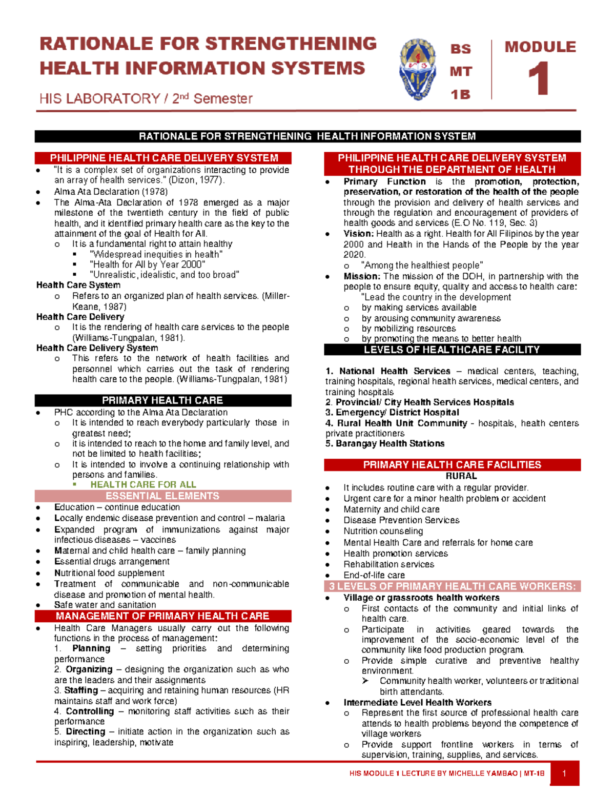 HIS Lab Module 1 - HIS MODULE 1 LECTURE BY MICHELLE YAMBAO | MT-1B 1 ...