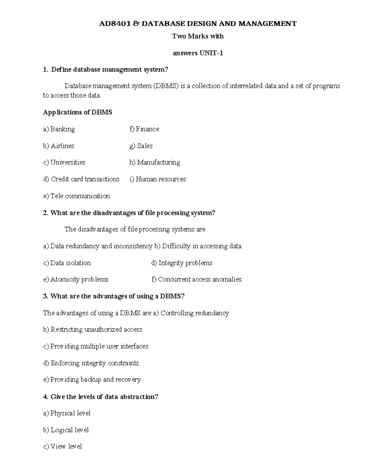 DBDM 2 Marks- Final - Question Bank - AD8401 & DATABASE DESIGN AND MANAGEMENT Two Marks with ...