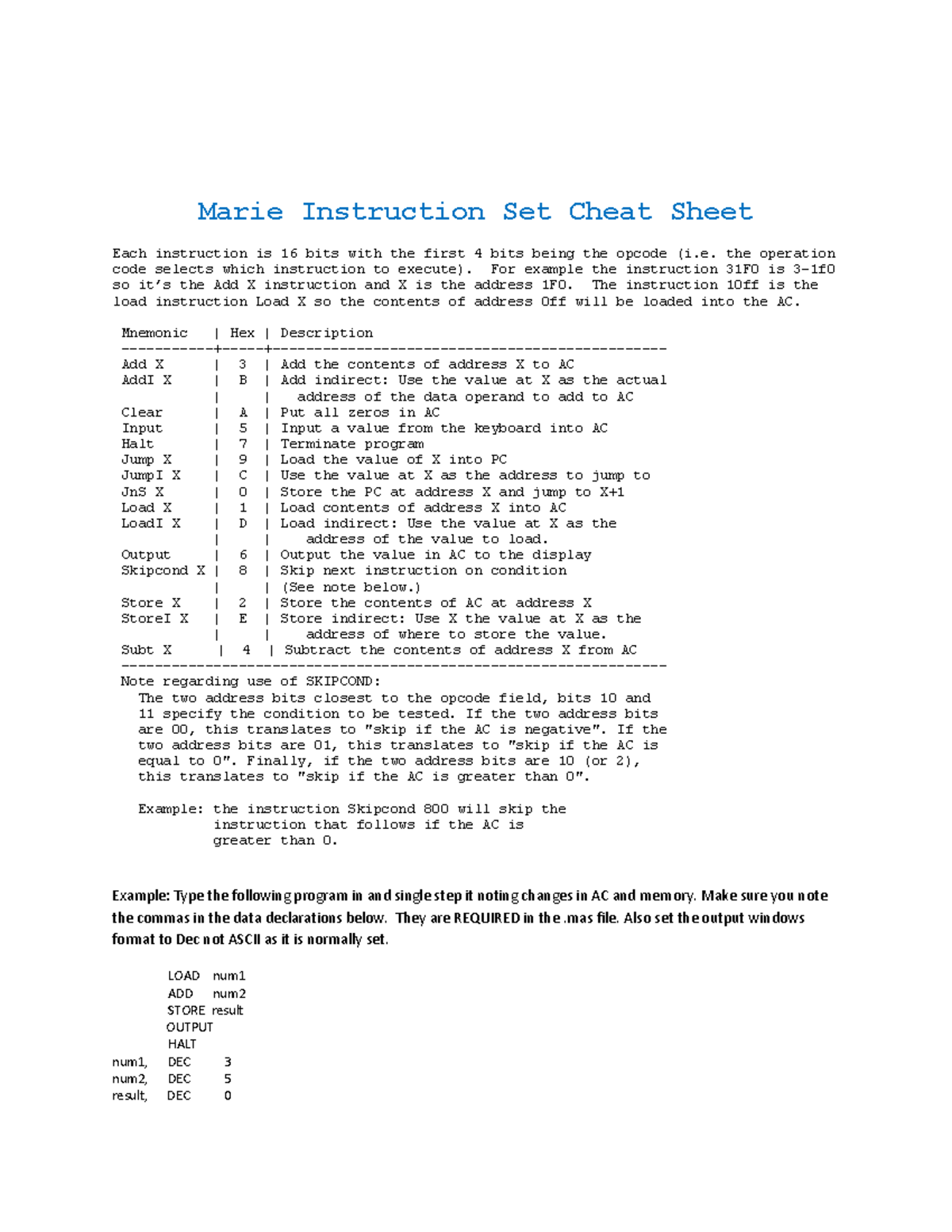 LAB1 Marie Instruction Set Cheat Sheet - Marie Instruction Set Cheat Sheet Each instruction is ...