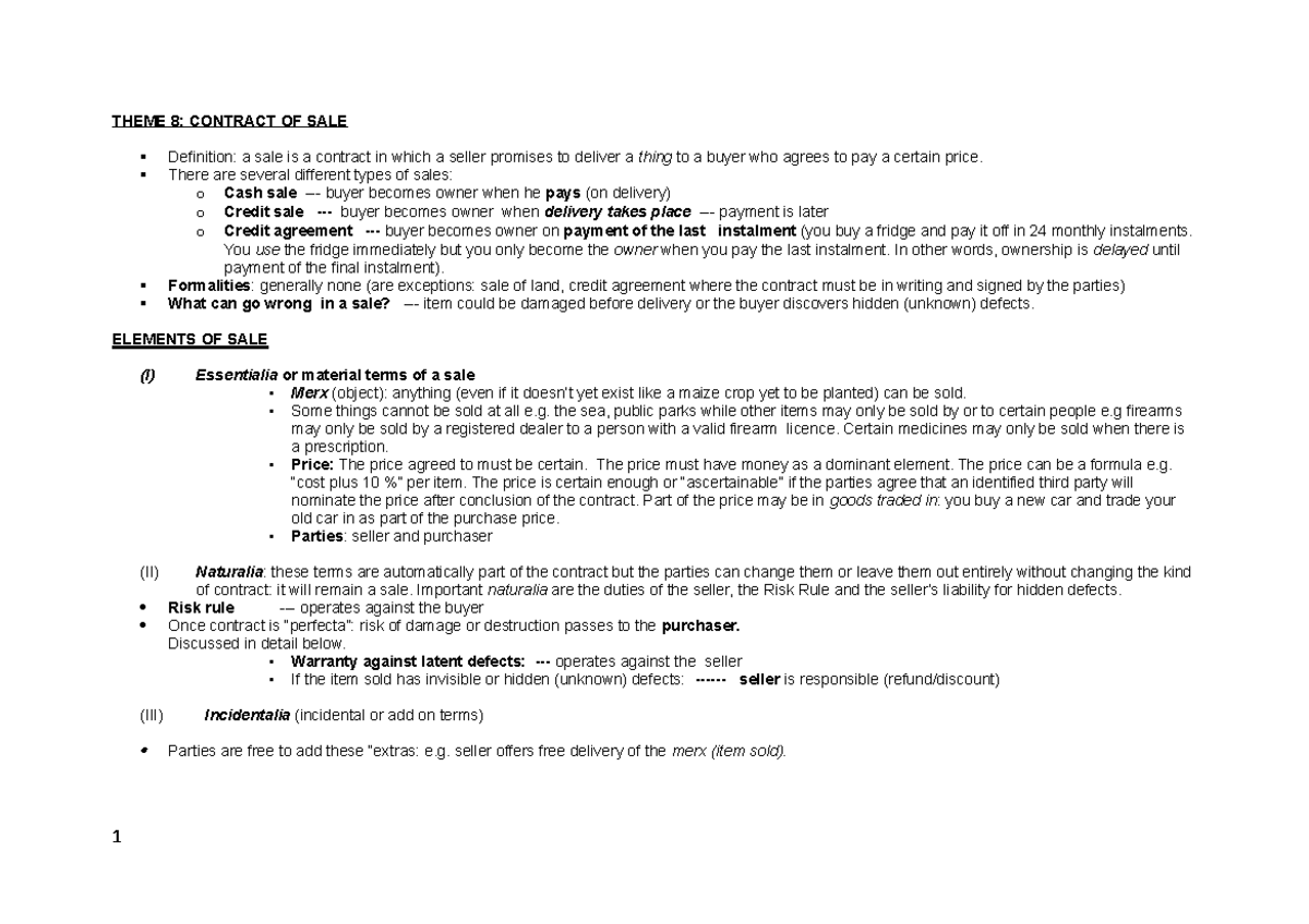 Theme 8- Contract of Sale Notes and Quiz - THEME 8: CONTRACT OF SALE ...