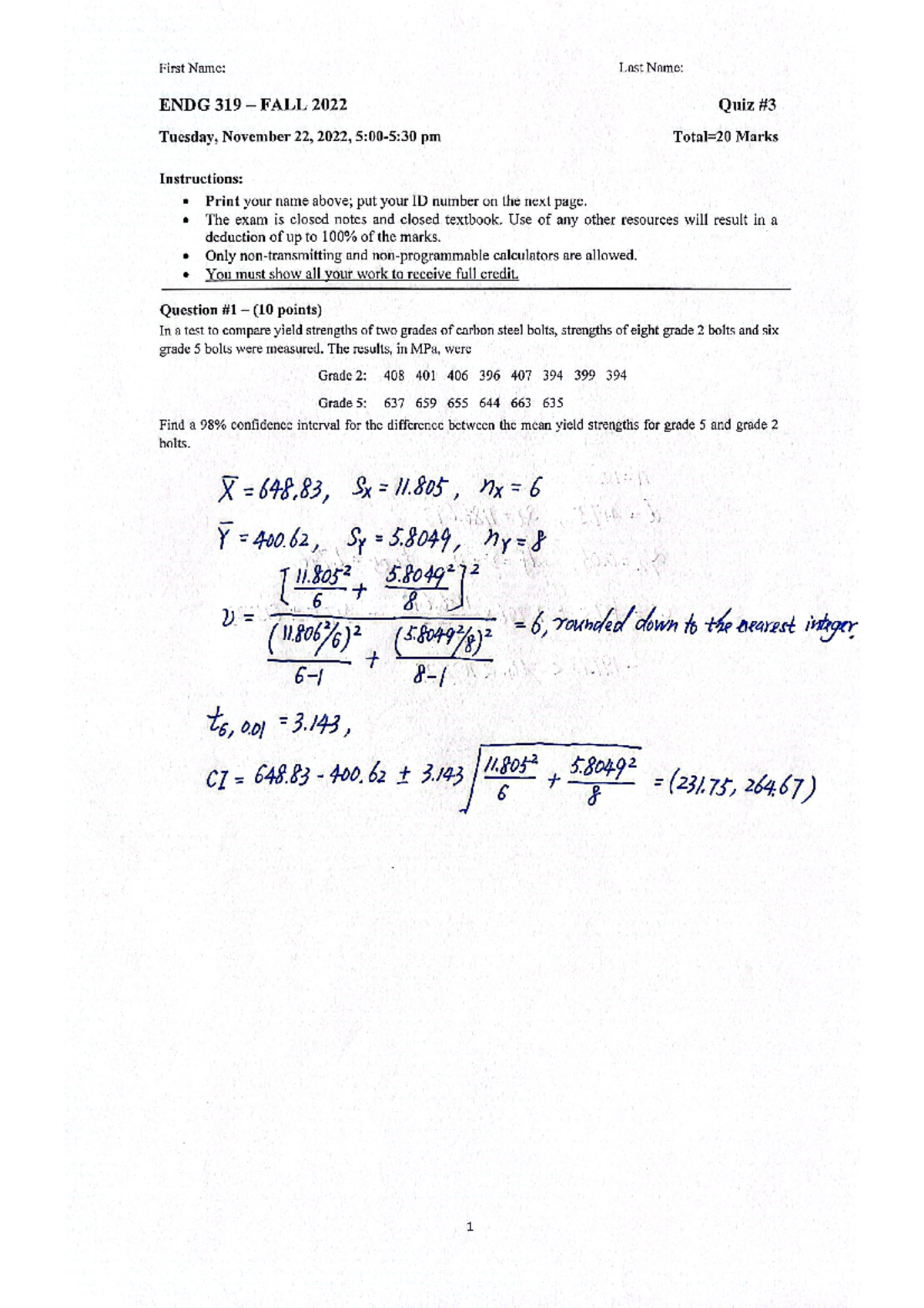 Solutions to Quiz 3 L02 F22 - endg 319 - Studocu
