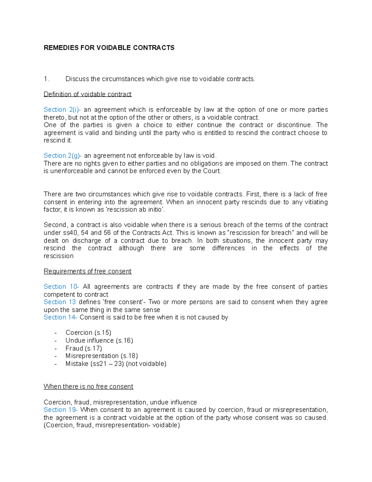 Remedies FOR Voidable Contracts - REMEDIES FOR VOIDABLE CONTRACTS Discuss the circumstances ...