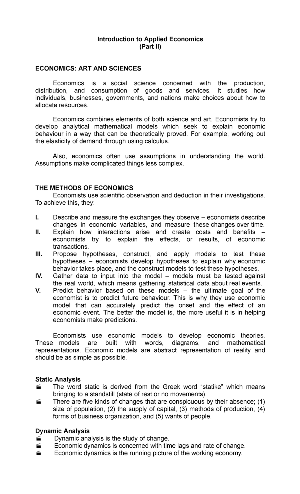 Introduction to Applied Economics (PART II) - In t rodu ct ion t o ...