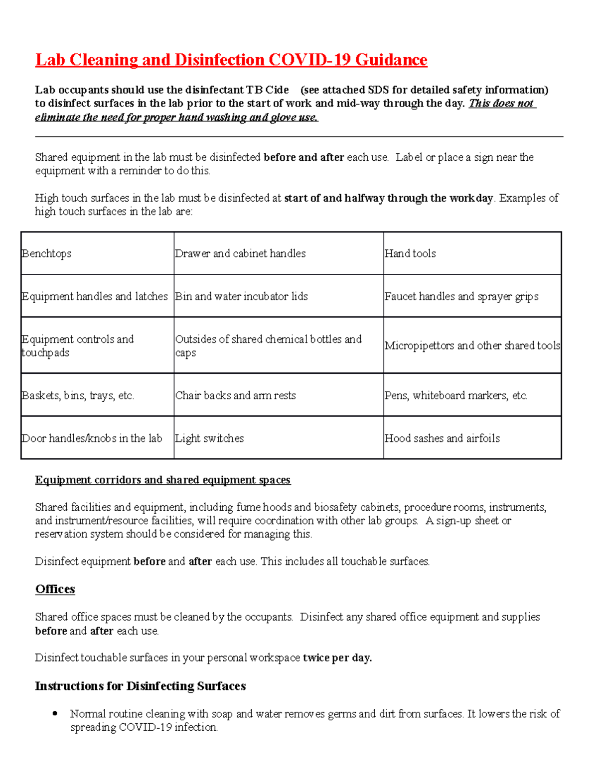 Lab Cleaning and Disinfection Covid - Lab Cleaning and Disinfection ...